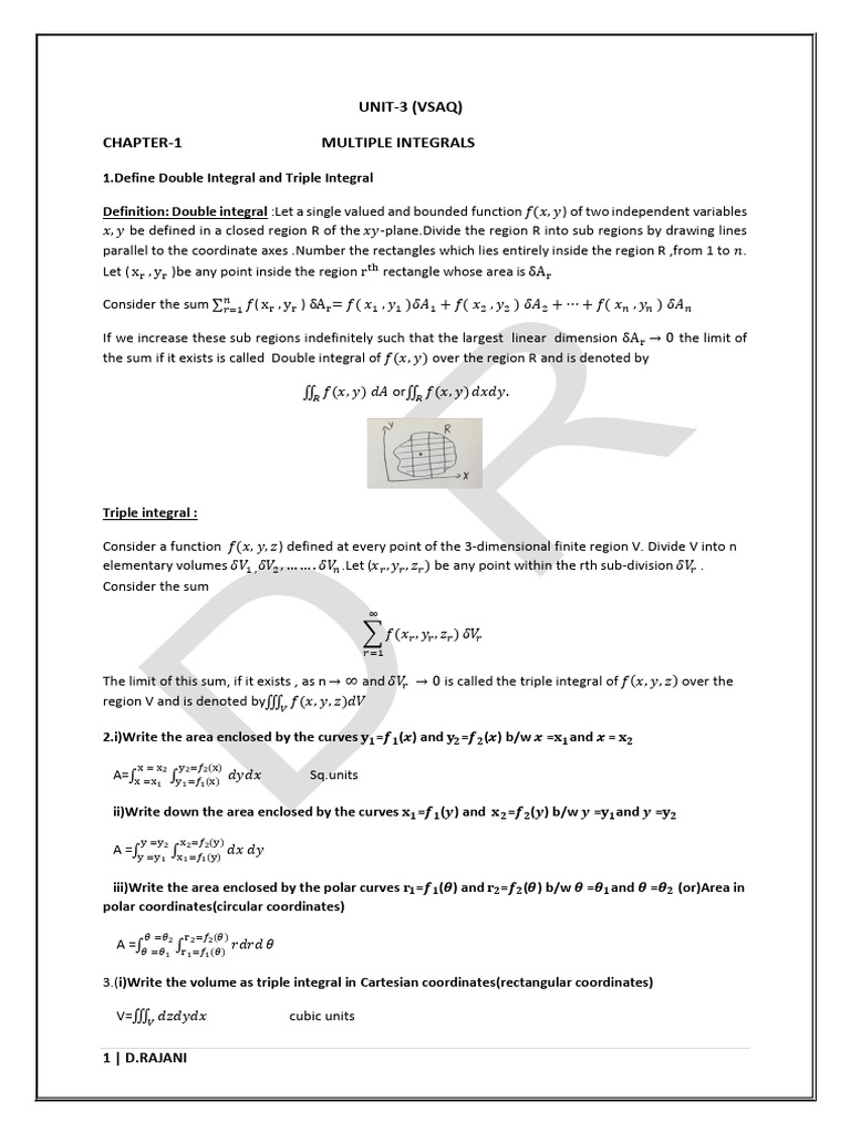 UNIT 3-Multiple Integrals VSAQ | PDF | Integral | Calculus UNIT 3-Multiple Integrals VSAQ | PDF | Integral | Calculus