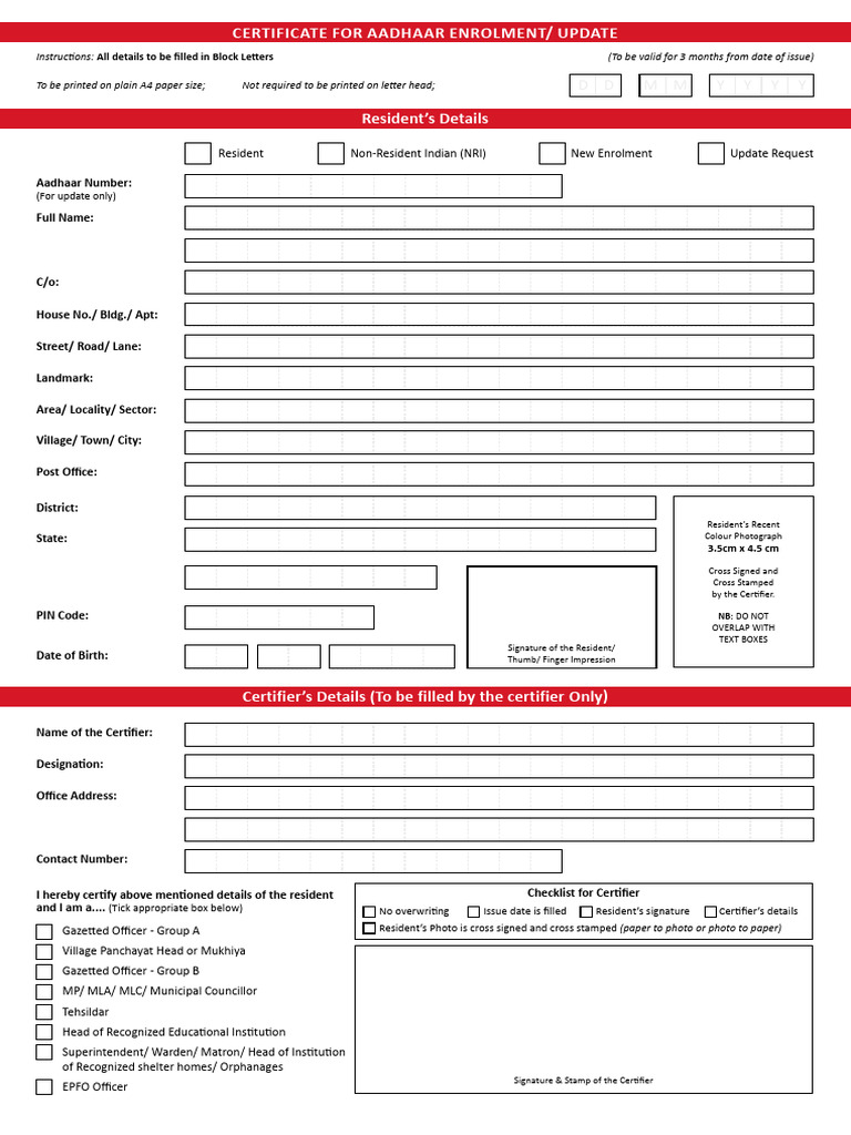 Application Form for Aadhaar Update | PDF