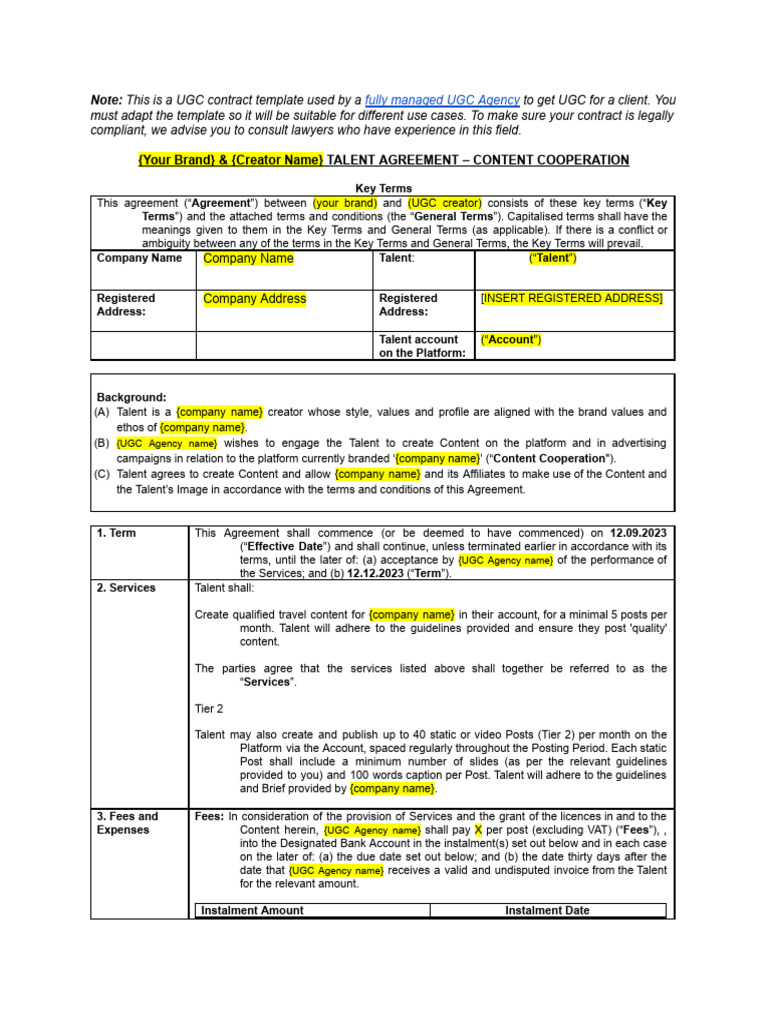 UGC Contract Template - Standard Talent Agreement (Influencers - Club ...