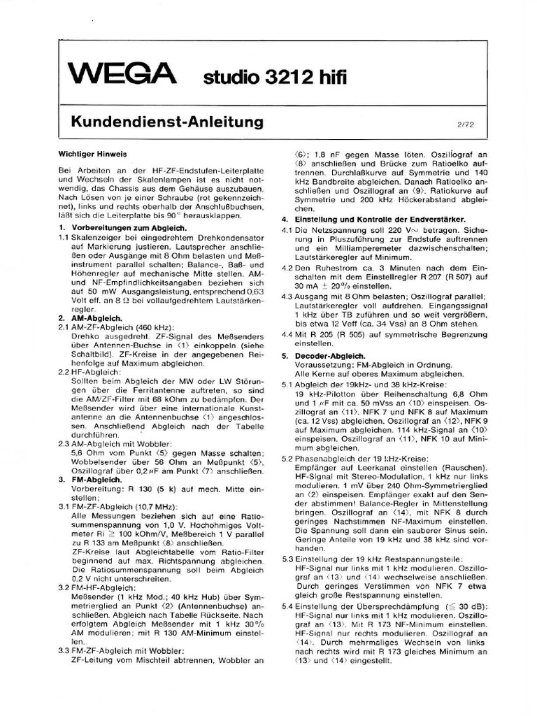 Wega 3212 Service Manual | PDF