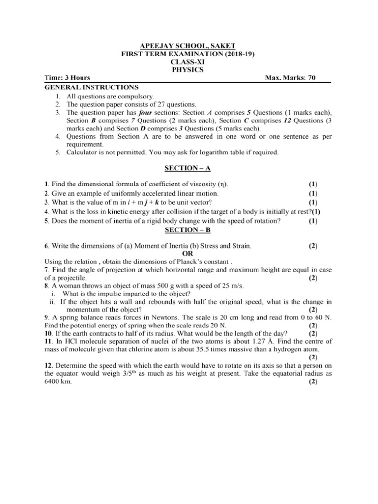 Physics Class 11 Sample Paper | PDF
