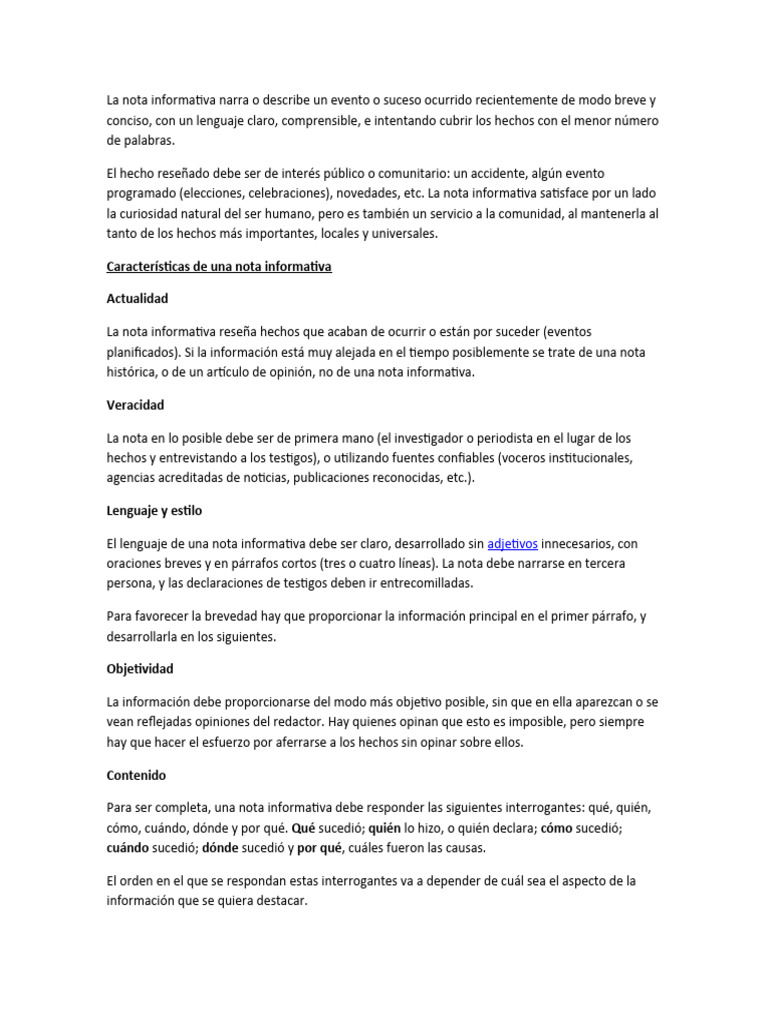 Características de la Nota Informativa | PDF | Ciencias sociales ...