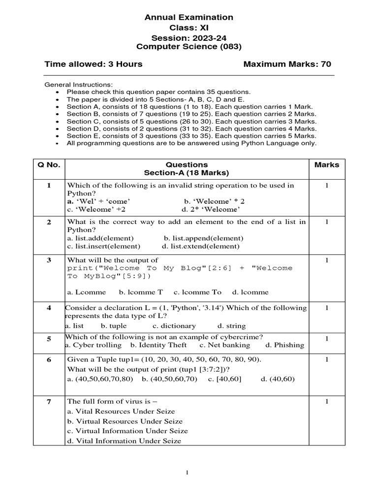 Class Xi Sample Exam Paper Cs Pdf Python Programming Language String Computer Science