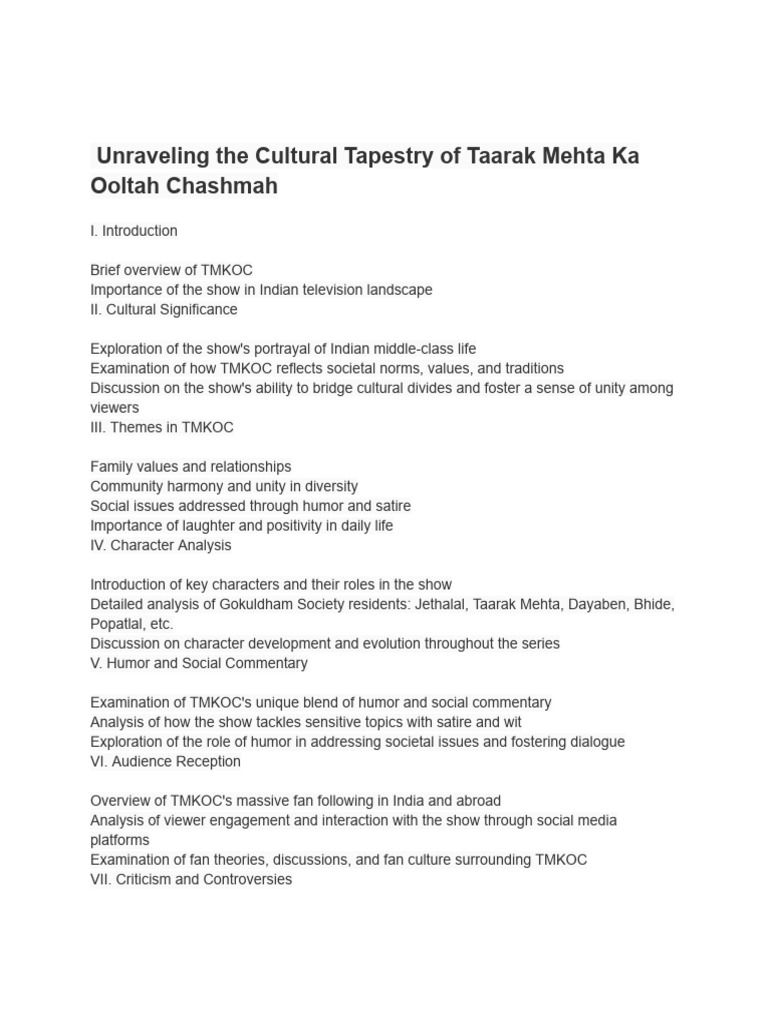 Unraveling The Cultural Tapestry of Taarak Mehta Ka Ooltah Chashmah | PDF Unraveling The Cultural Tapestry of Taarak Mehta Ka Ooltah Chashmah | PDF