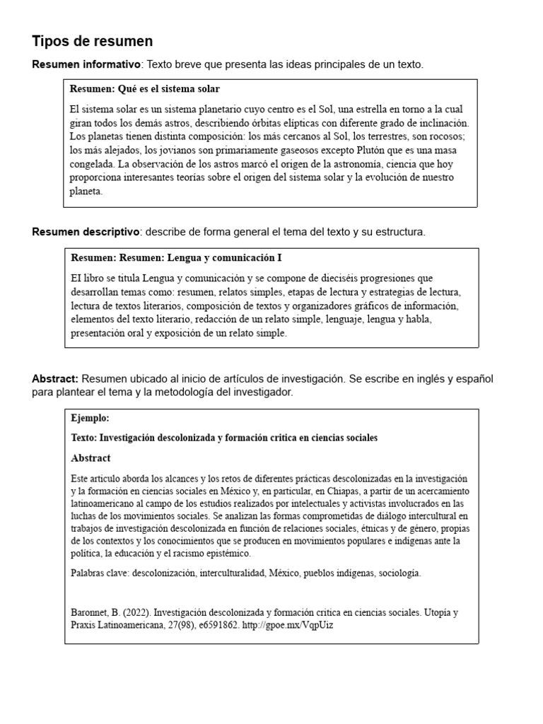 Tipos de Resumen: Ejemplos y Definiciones | PDF | Sistema solar | Ciencias Sociales