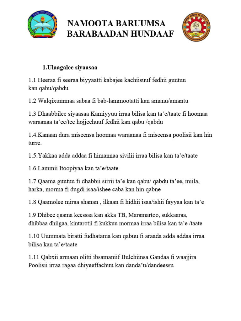 Namoota Baruumsa Barabaadan Hundaaf: 1.ulaagalee Siyaasaa | PDF