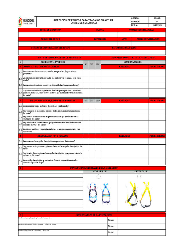 SG-SST INSPECCIÓN DE EQUIPOS PARA TRABAJOS EN ALTURA (ARNES) (2) | PDF | Materiales