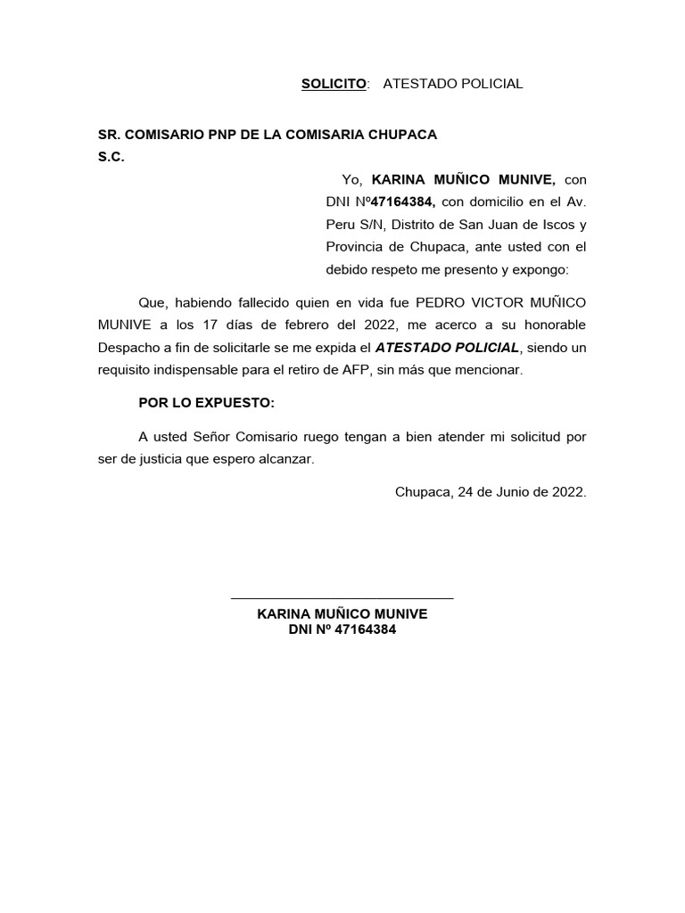 Solicito Atestado Policial Chupaca | PDF