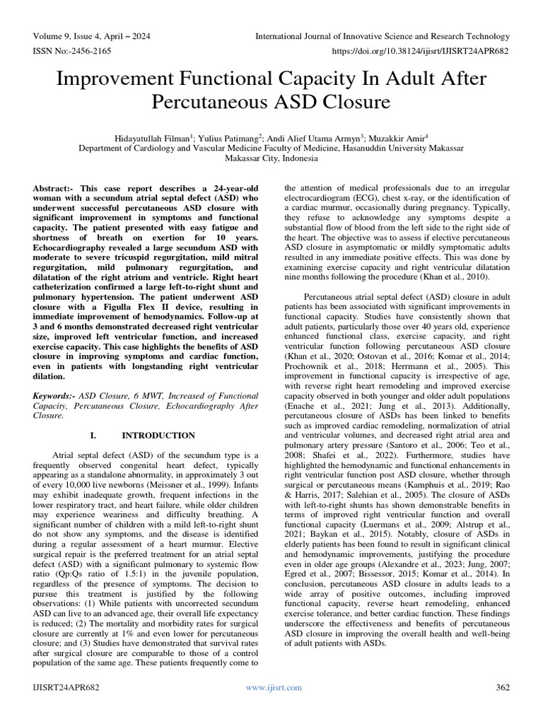Improvement Functional Capacity in Adult After Percutaneous ASD Closure ...