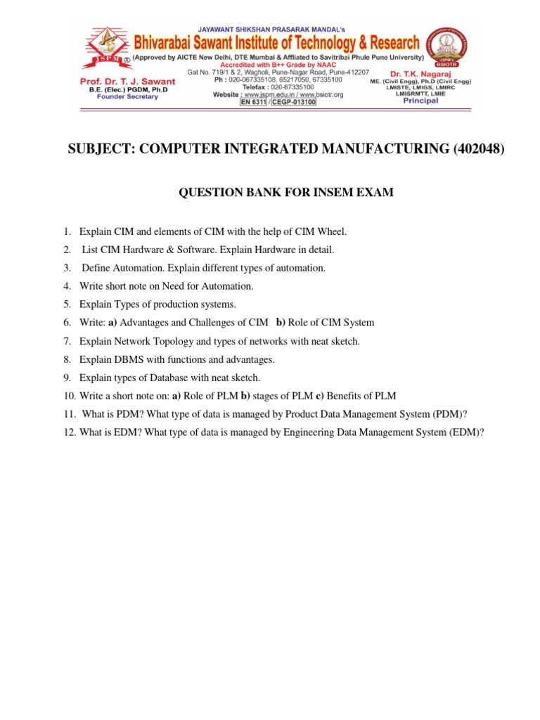 CIM Insem Question Bank AY 23-24 | PDF