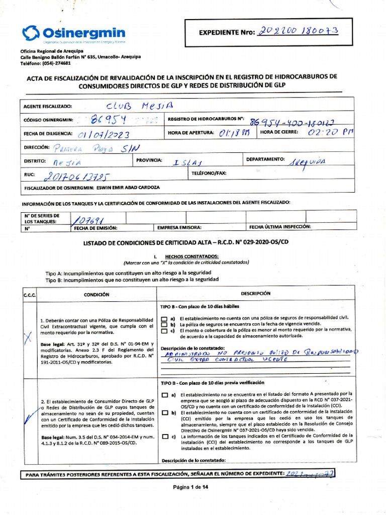 INFORME OSINERGMIN TANQUE DE GAS | PDF