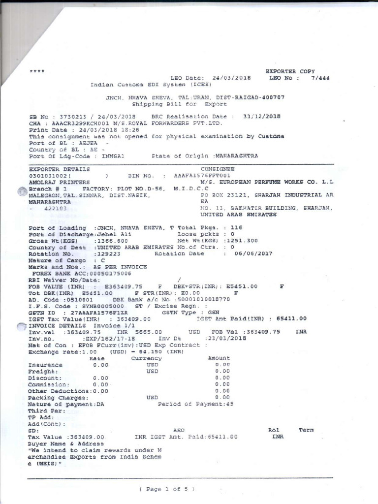 EXP 162 SHIPPING BILL | PDF