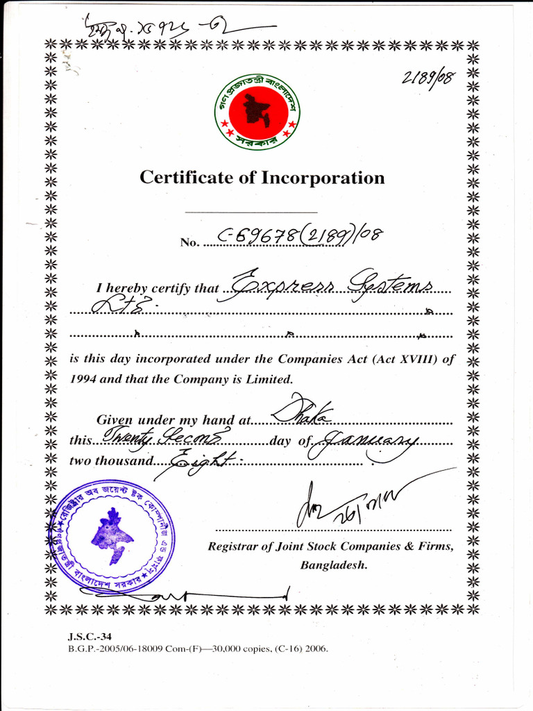Certificate of Incorporation 896463 | PDF