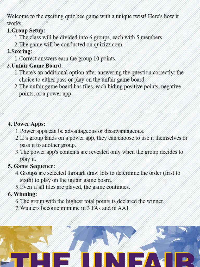 Unfair Quiz Bee Game Rules | PDF | Chess | Chess Theory