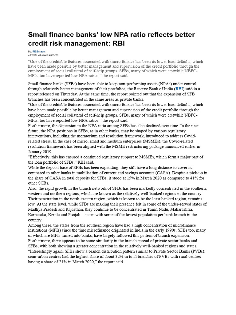 Small Finance Banks | PDF | Microfinance | Small And Medium Sized ...