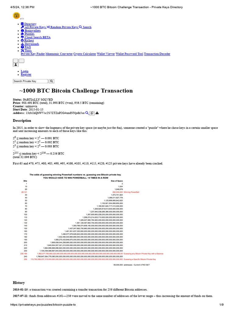 1000 BTC Bitcoin Challenge Transaction - Private Keys Directory | PDF | Bitcoin | Cryptography
