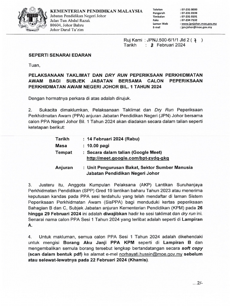Pelaksanaan Taklimat Dan Dry Run Ppa Sesi 1 2024 | PDF