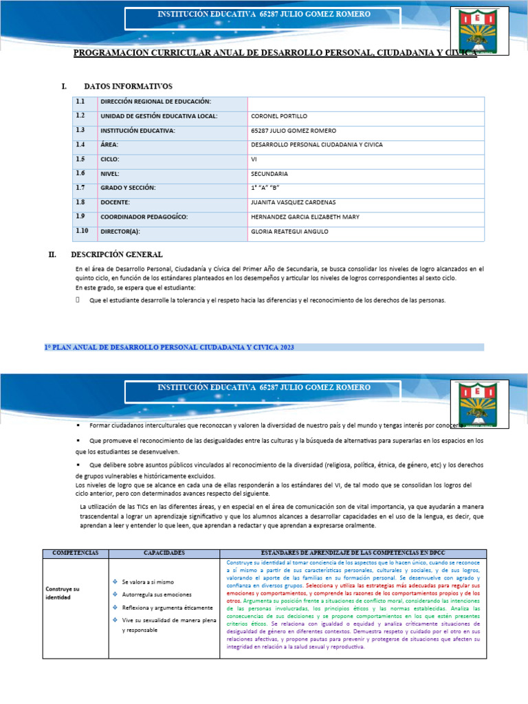Programacion Anual DPCC 1° Año 2023 | PDF | Sustentabilidad | Sociedad