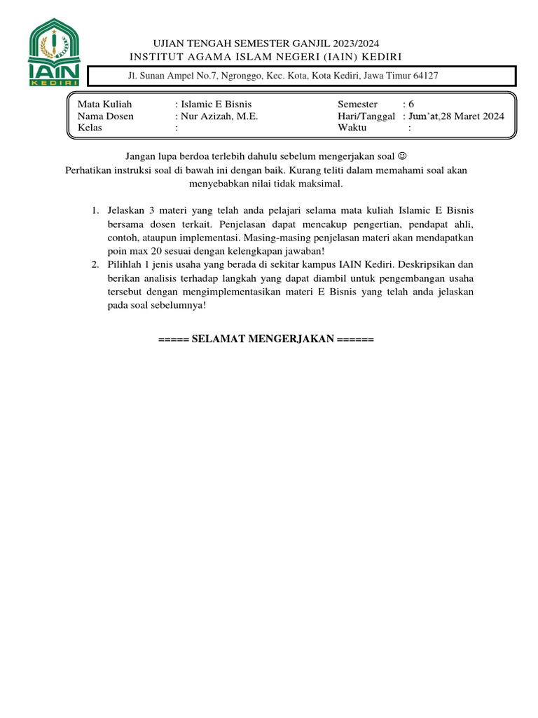 Soal UTS E Bisnis | PDF | Karier & Perkembangan