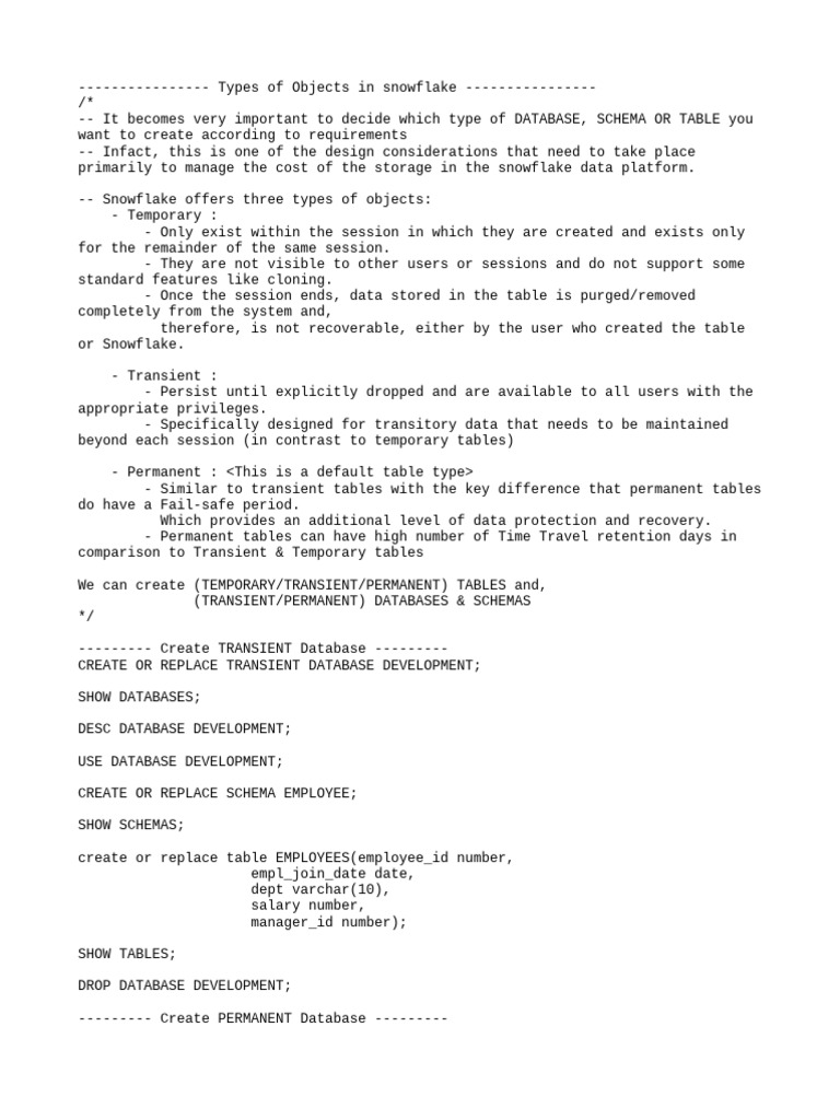 Create Permanent & Transient Database | PDF | Databases | Database Schema Create Permanent & Transient Database | PDF | Databases | Database Schema