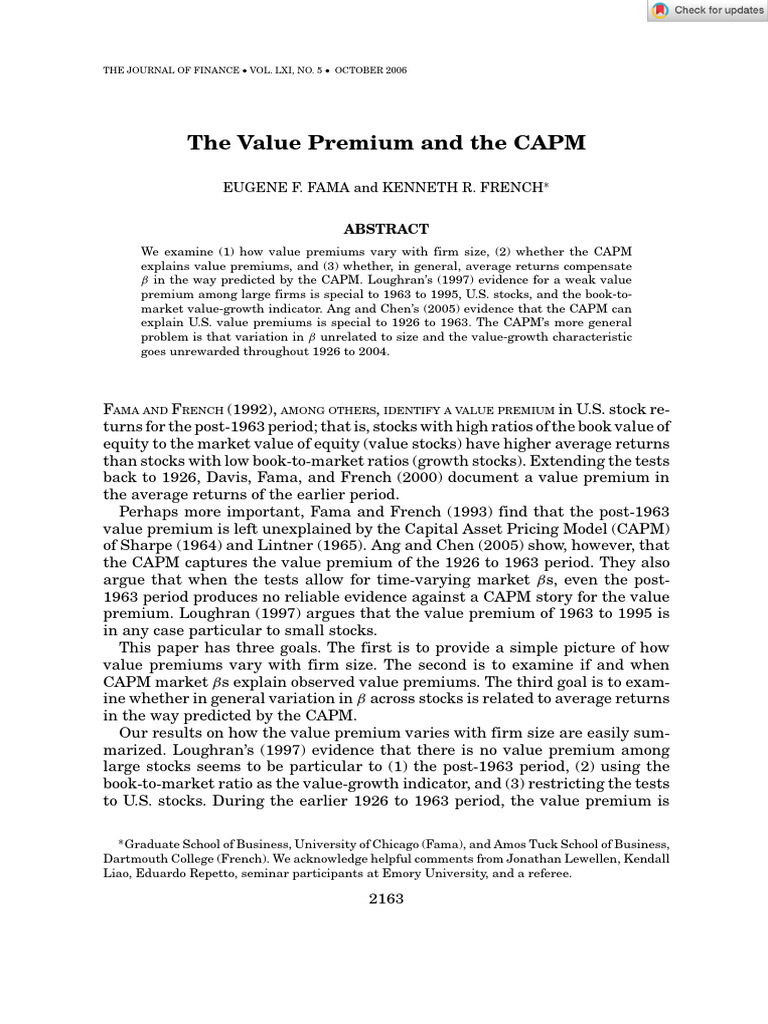 The Journal of Finance - 2006 - FAMA - The Value Premium and The CAPM | PDF | Capital Asset ...