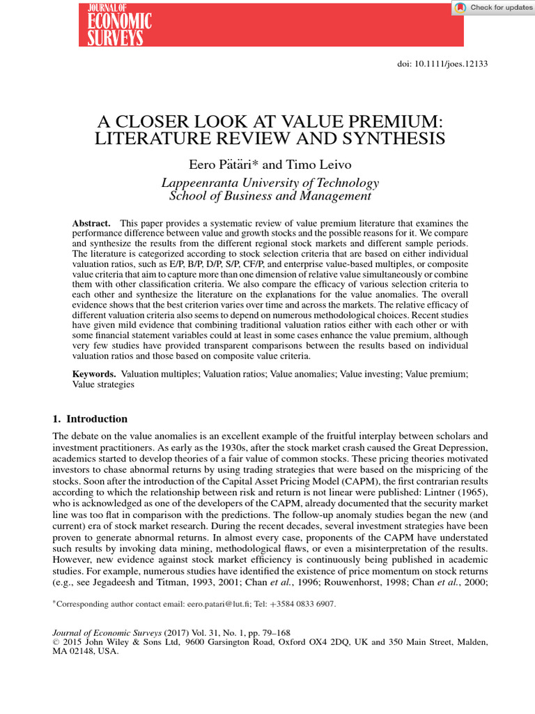 Journal of Economic Surveys - 2015 - Pätäri - A CLOSER LOOK AT VALUE ...