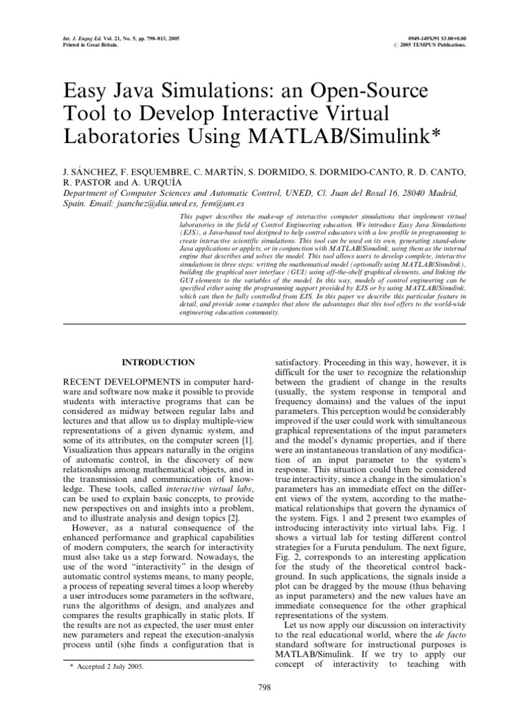 Easy Java Simulations An Open Source Pdf Matlab Interactivity