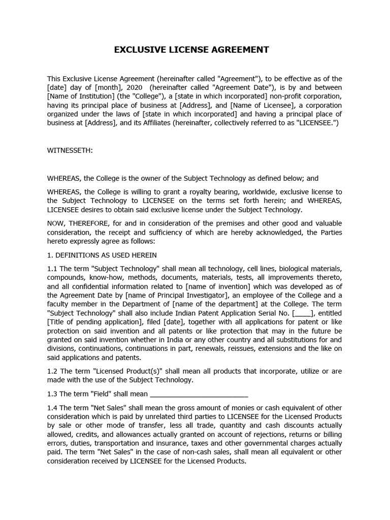 License Agreement Exclusive and Non-Transferable - Right | PDF | Patent ...