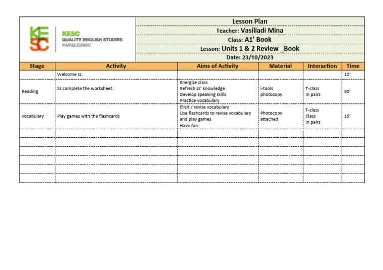 Lesson Plan Units 1&2 Review - Book | PDF