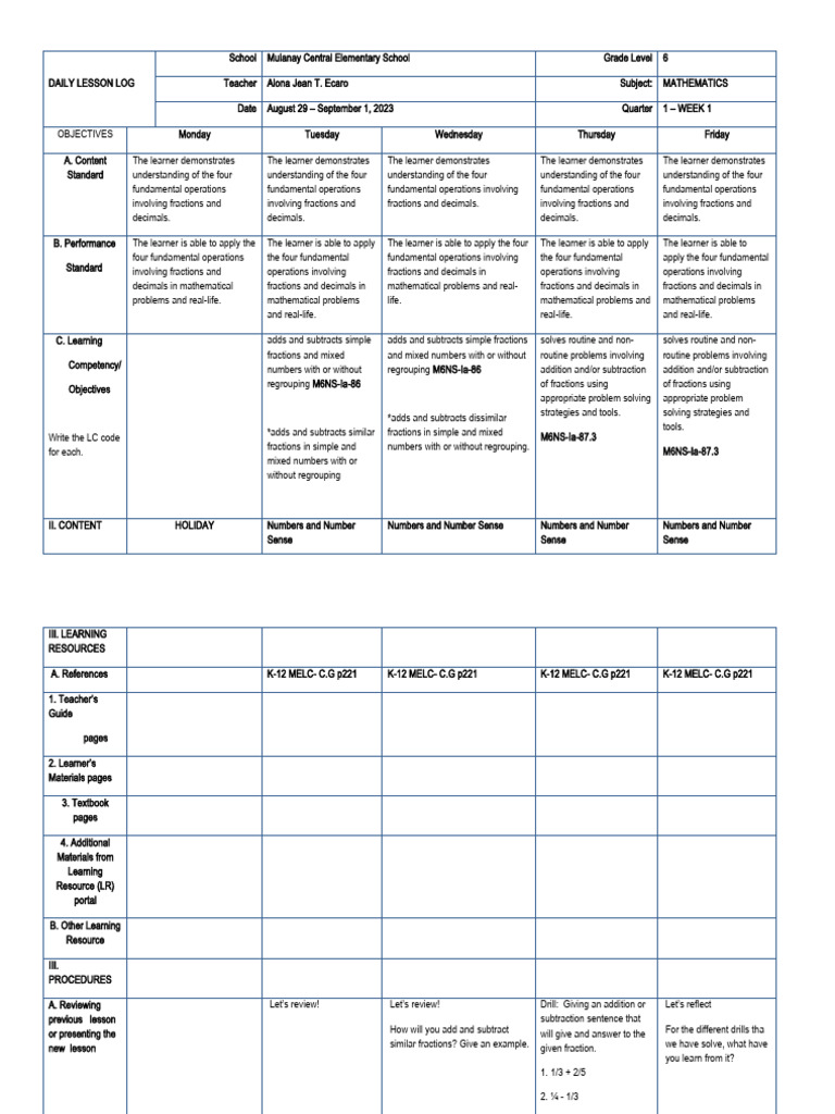 WEEK1-DLL-MATH 6_Q1 | PDF | Learning | Decimal