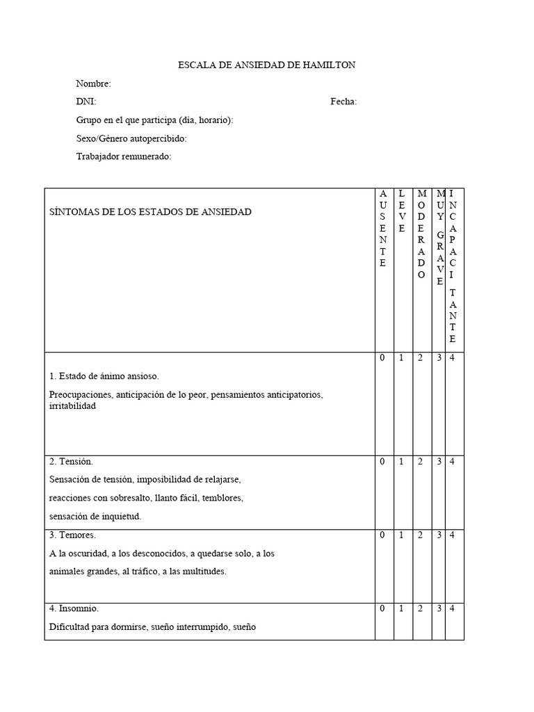 Escala Hamilton Ansiedad | PDF | Síntomas y signos | Enfermedades y ...