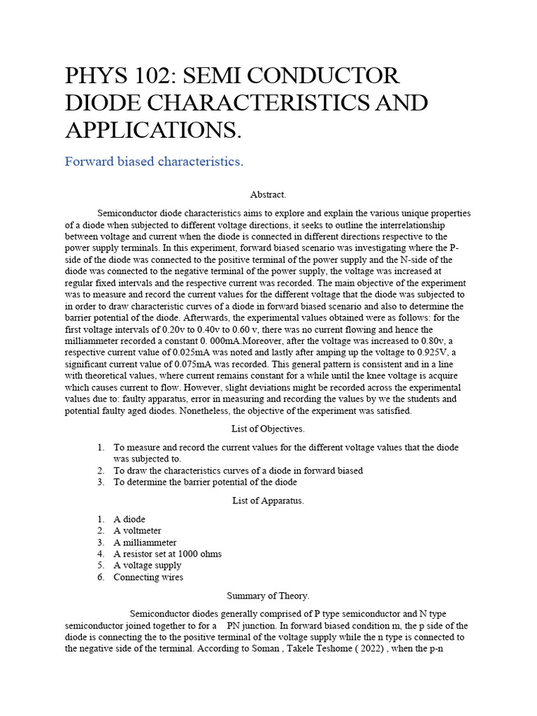 PHYS 102 REPORT 2 Reversed Biased | PDF | P–N Junction | Diode