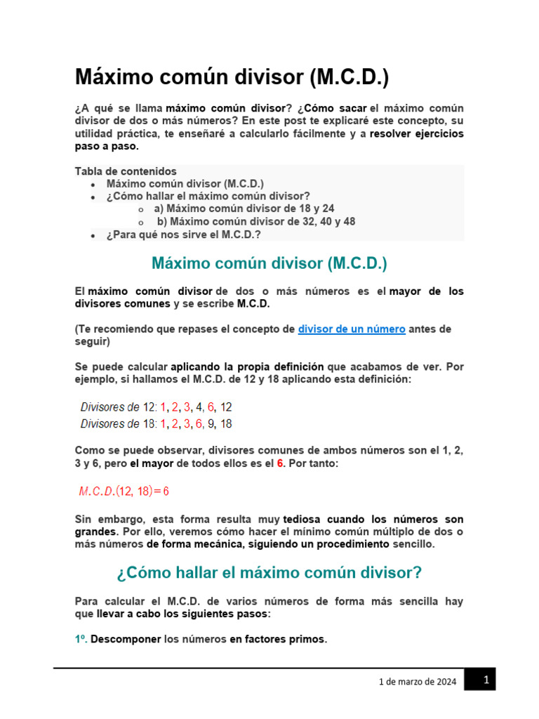 Máximo Común Divisor y Minimo Comun Multiplo (6 Ejemplos) | Descargar ...