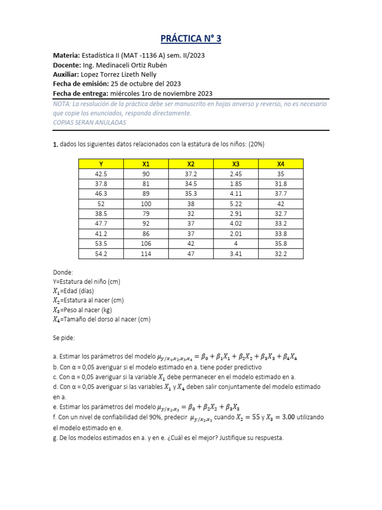 PRÁCTICA #3 TEMA 3 ANÁLISIS DE REGRESIÓN LINEAL MÚLTIPLE Sem 2-2023 | PDF | Econometría ...
