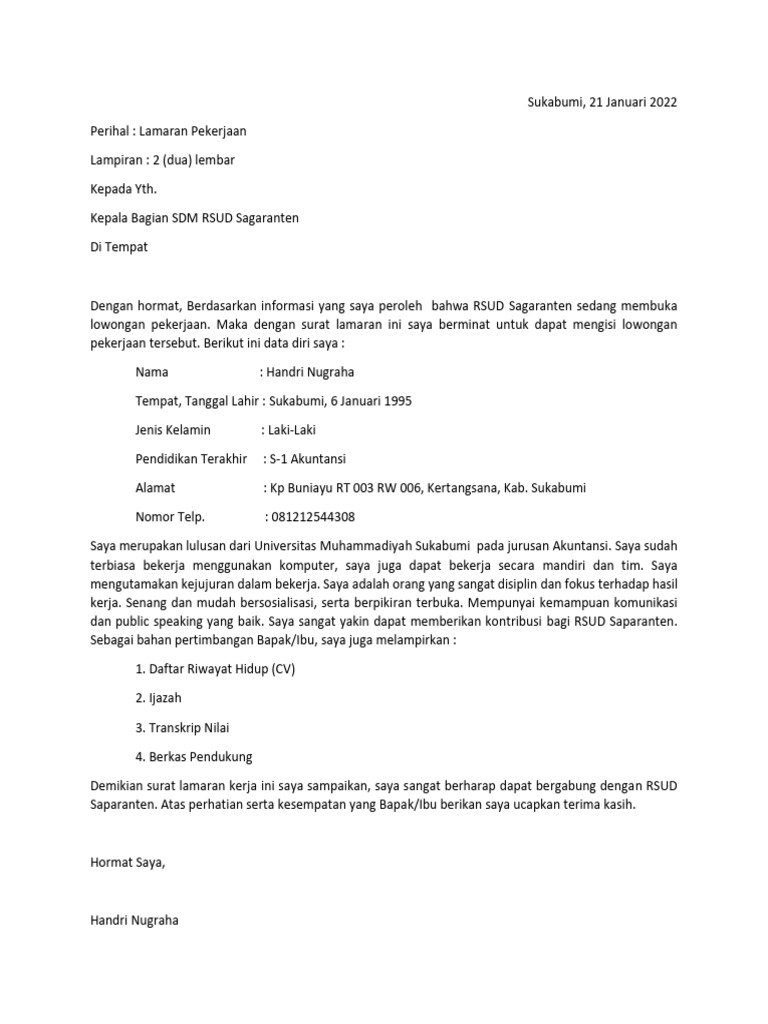 Surat Lamaran Handri | PDF | Karier & Perkembangan | Bisnis