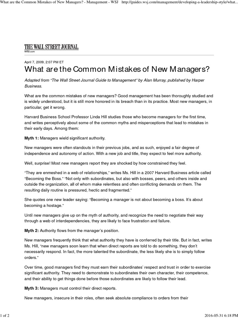 What Are The Common Mistakes of New Managers - Management - WSJ | PDF ...