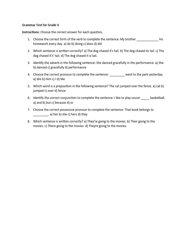 Grade 4 Grammar Test Questions | PDF | Games & Activities | Teaching ...