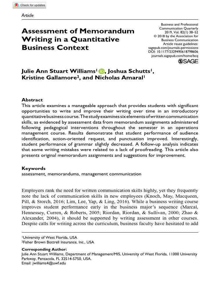 Williams Et Al 2018 Assessment of Memorandum Writing in A Quantitative ...