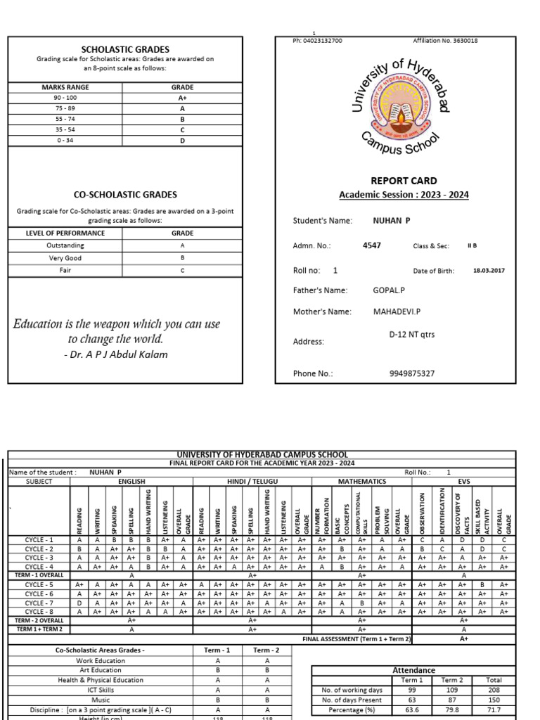 Scholastic Grades: Report Card | PDF