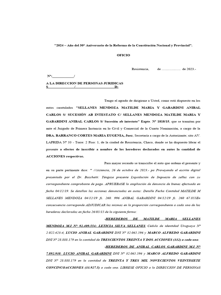 Proyecto Oficio a La Direccion de Personas Juridicas. | PDF | Documento ...
