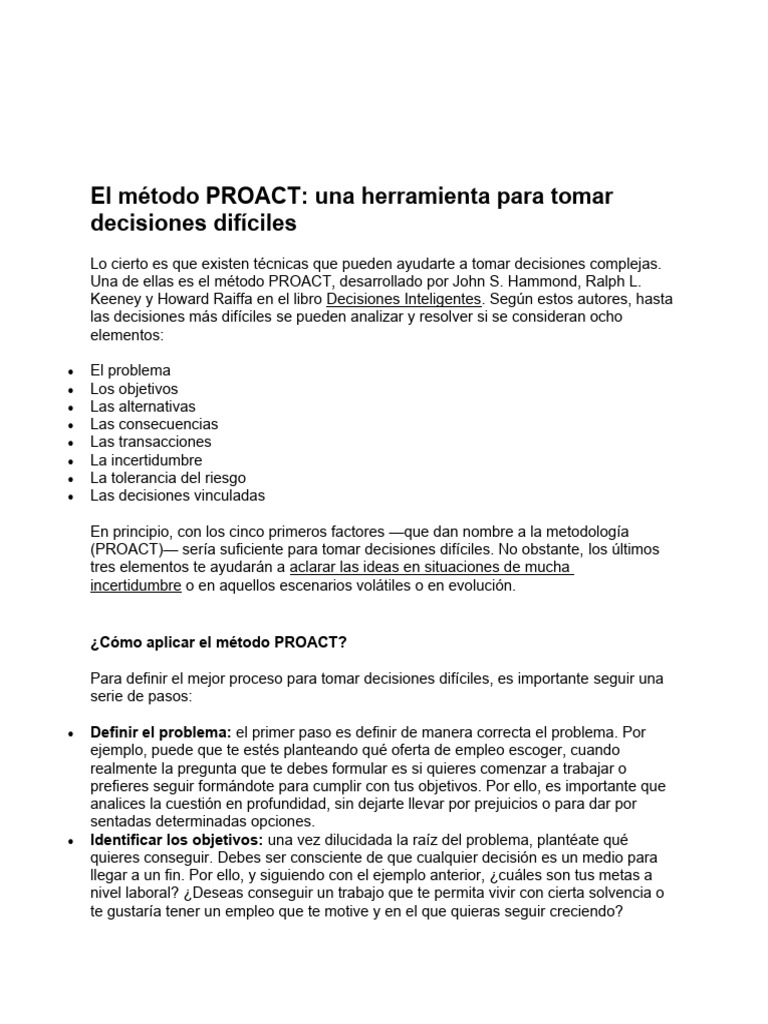 El método PROACT | PDF | Toma de decisiones | Cognición