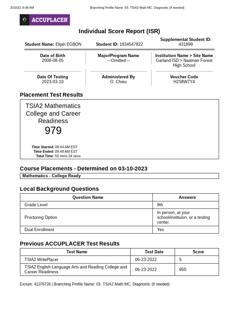 Branching Profile Name - 03. TSIA2 Math MC, Diagnostic (If Needed ...
