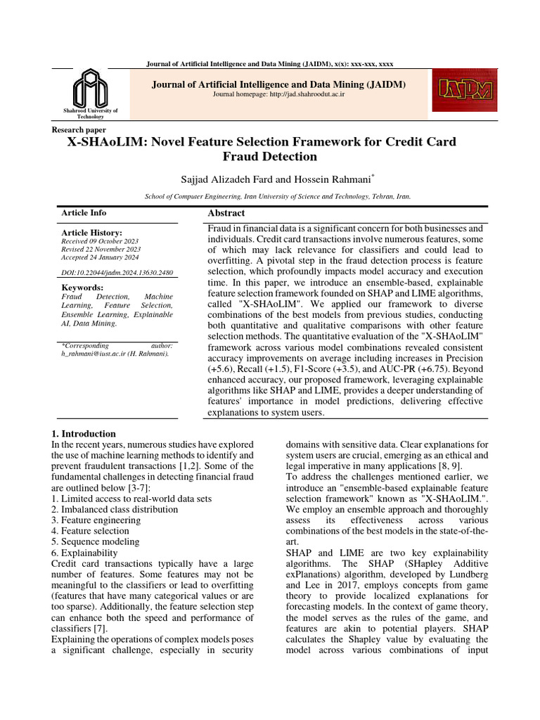 Novel Feature Selection Framework For Credit Card Fraud Detection Pdf