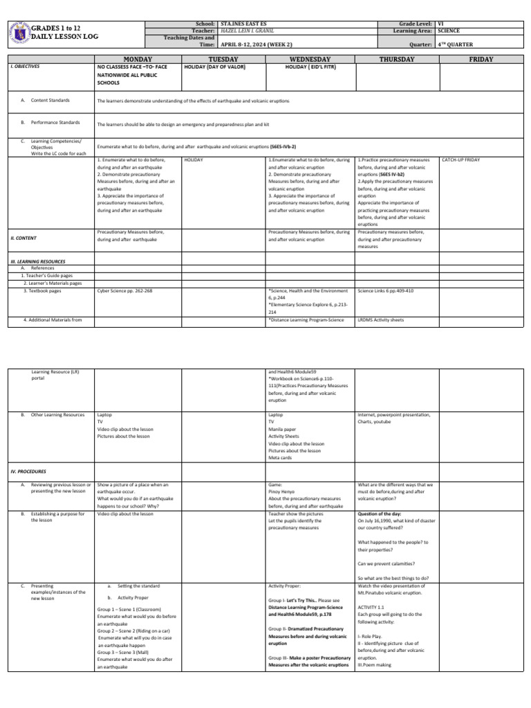 DLL - Science 6 - Q4 - W2 | PDF | Volcano | Volcanic Ash