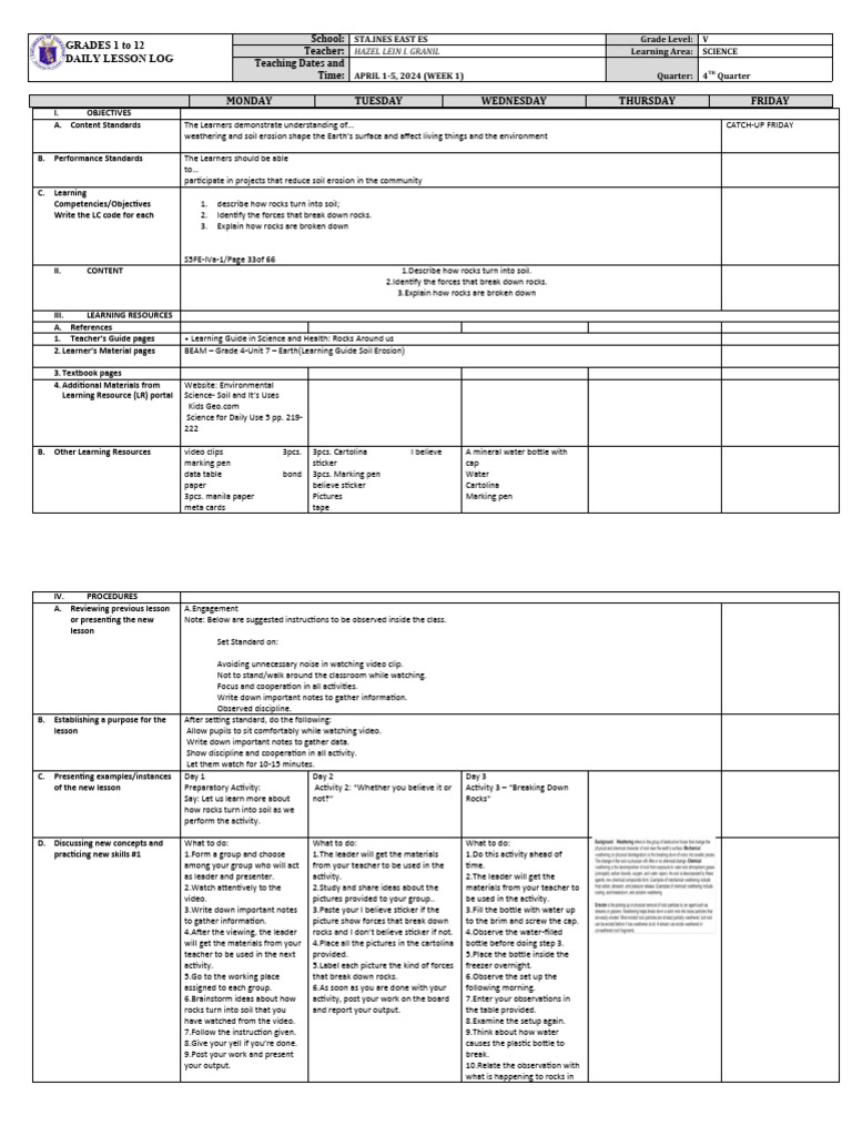 Grade 5 Science DLL Q4 Week 1 | PDF | Teachers | Learning