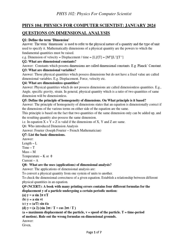 PHYS 102 Questions On Dimensional Analysis 2024 - 014114 | PDF | Force ...