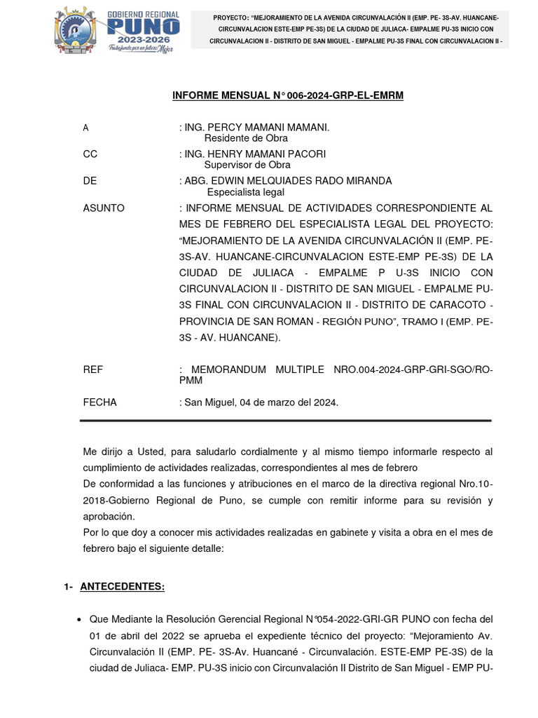 INFORME N° 006-2024-GRP-EL-EMRM-MNSUAL FEBRERO | PDF | Transporte de ...