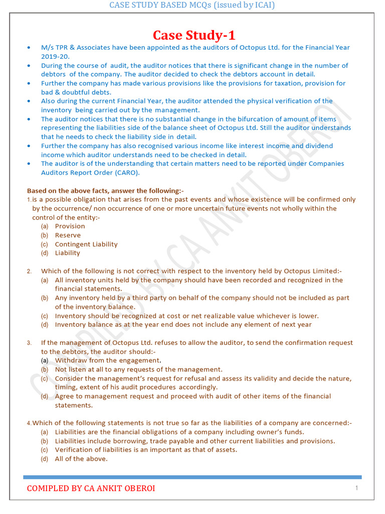ICAI Case Study MCQs for Auditors | PDF | Audit | Internal Control