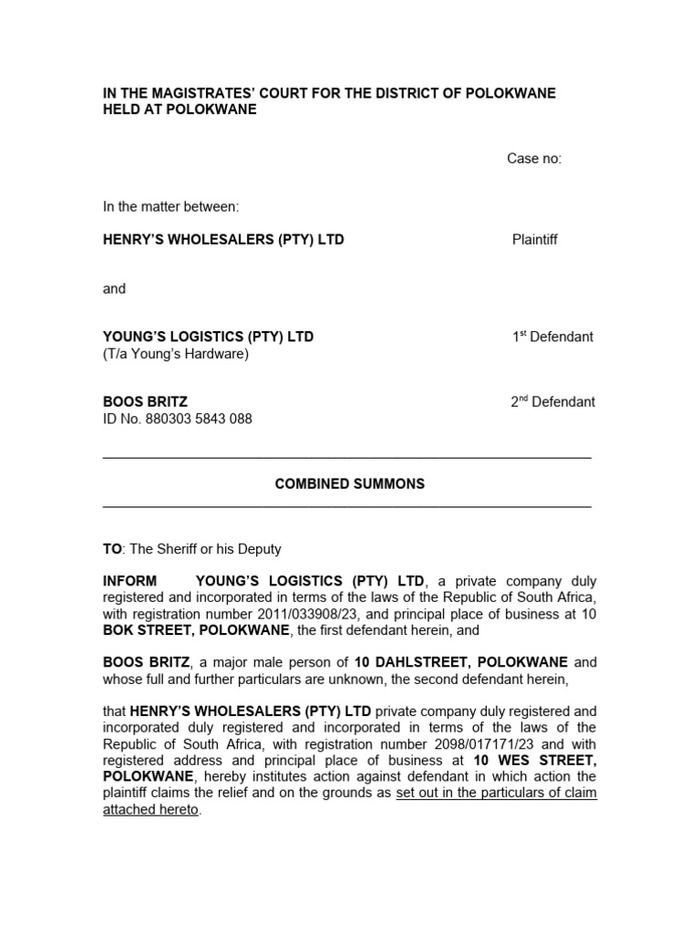 MC Combined Summons and Particulars of Claim | PDF | Summons | Judgment ... MC Combined Summons and Particulars of Claim | PDF | Summons | Judgment ...