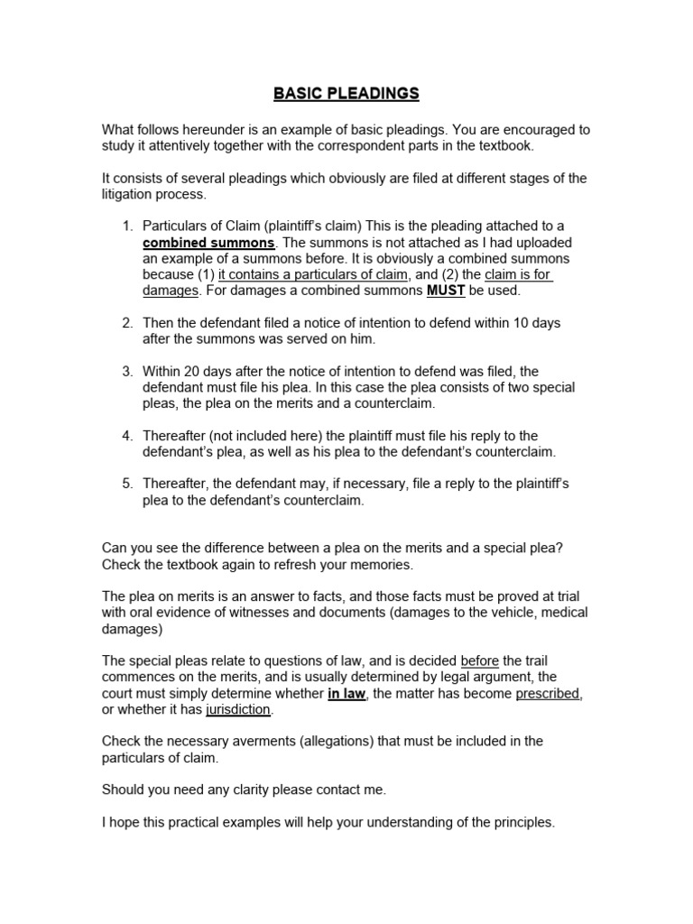 Particulars of Claim Plea and Counterclaim | PDF | Pleading | Summons